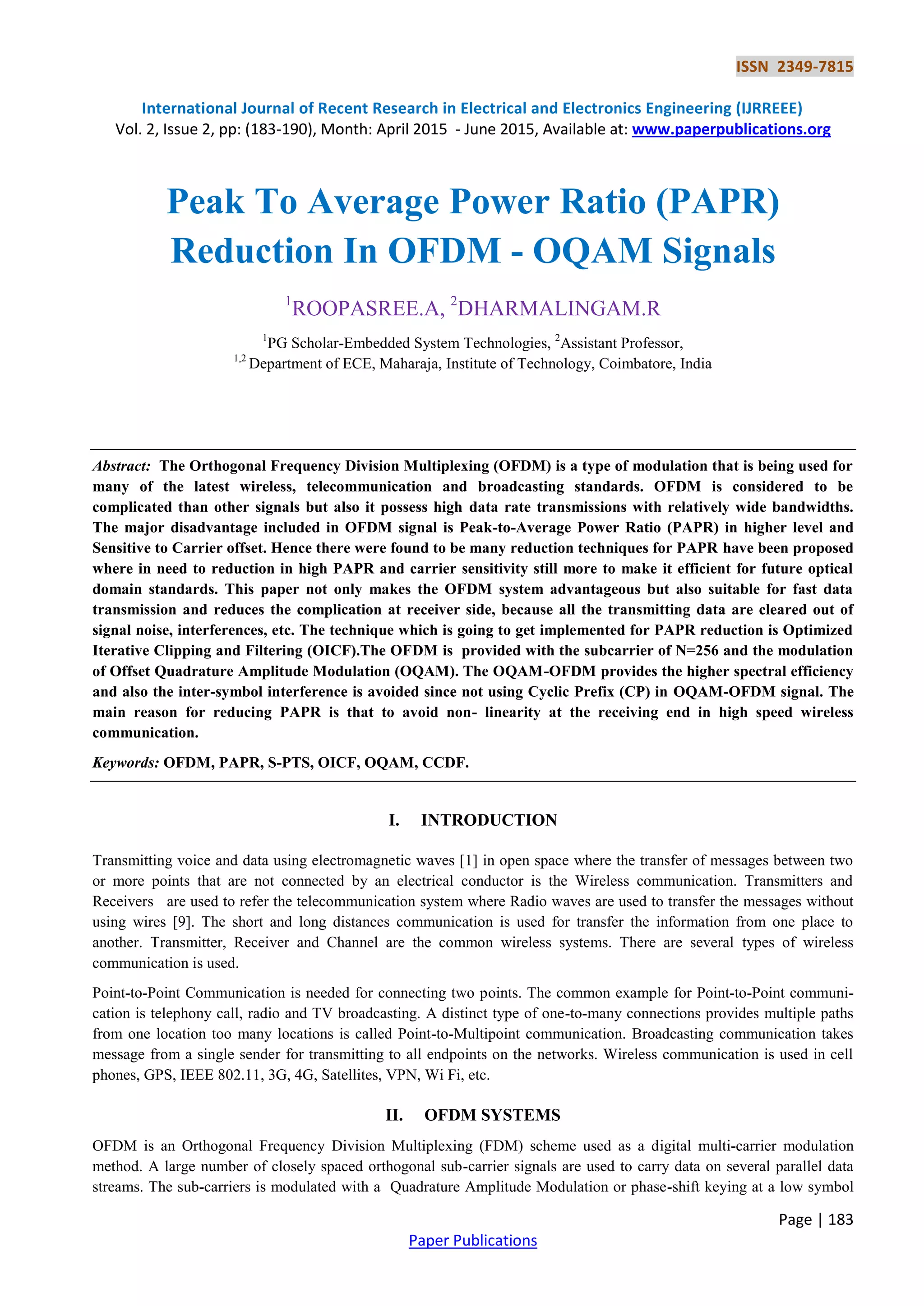 Peak to Average Power Ratio (PAPR) Reduction in OFDM-OQAM Signals | PDF