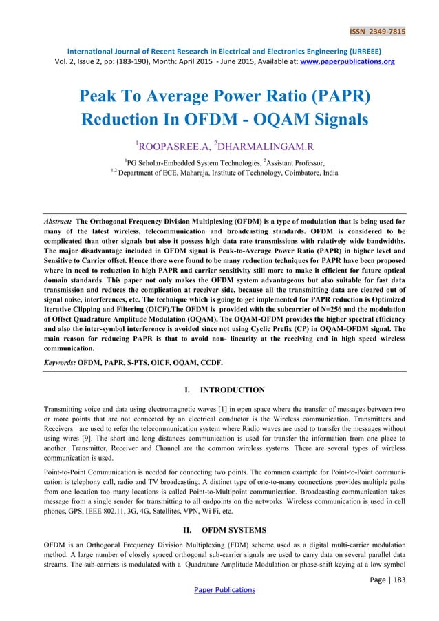 Peak To Average Power Ratio Papr Reduction In Ofdm Oqam Signals Pdf 