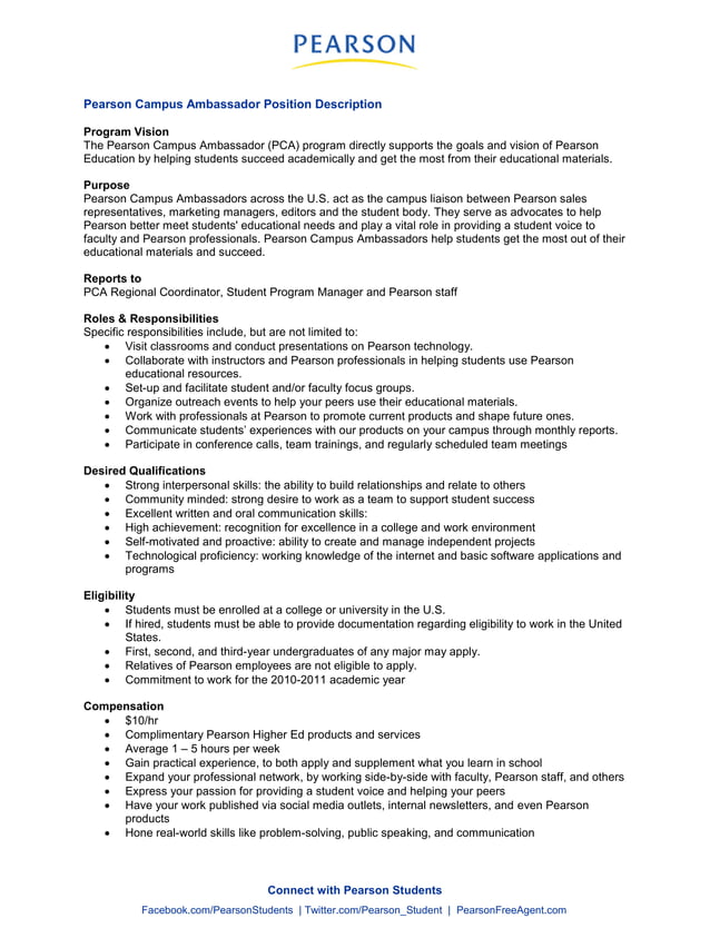 Pearson Campus Ambassador Job Description | PDF