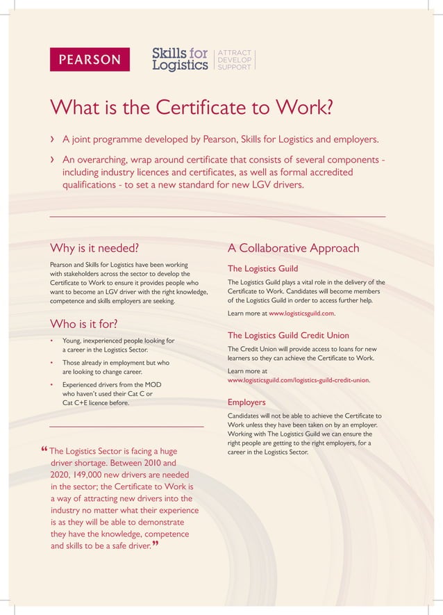 Pearson and Skills for Logistics Certificate to Work | PDF