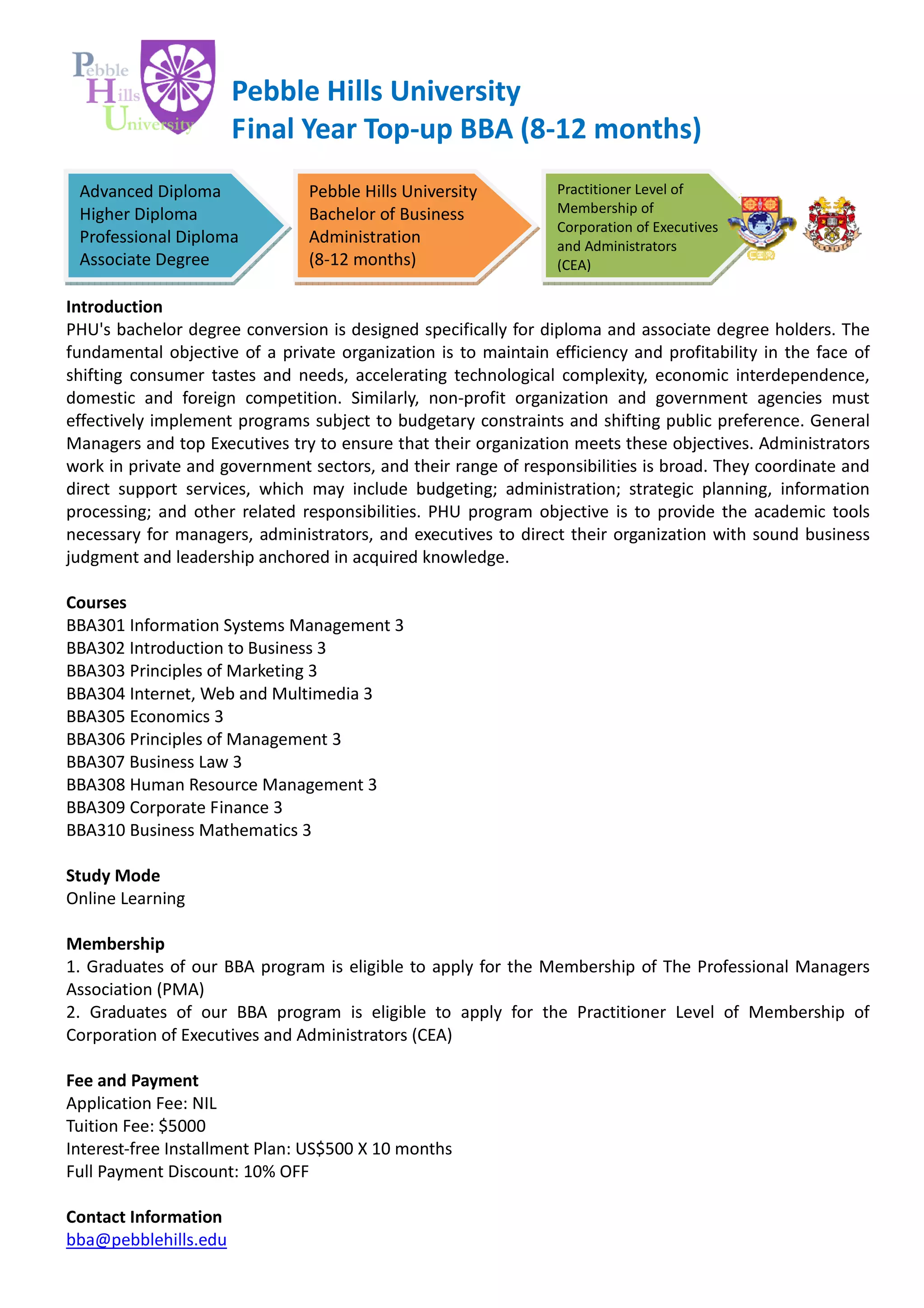 Pebble Hills University Top Up Bba | PDF