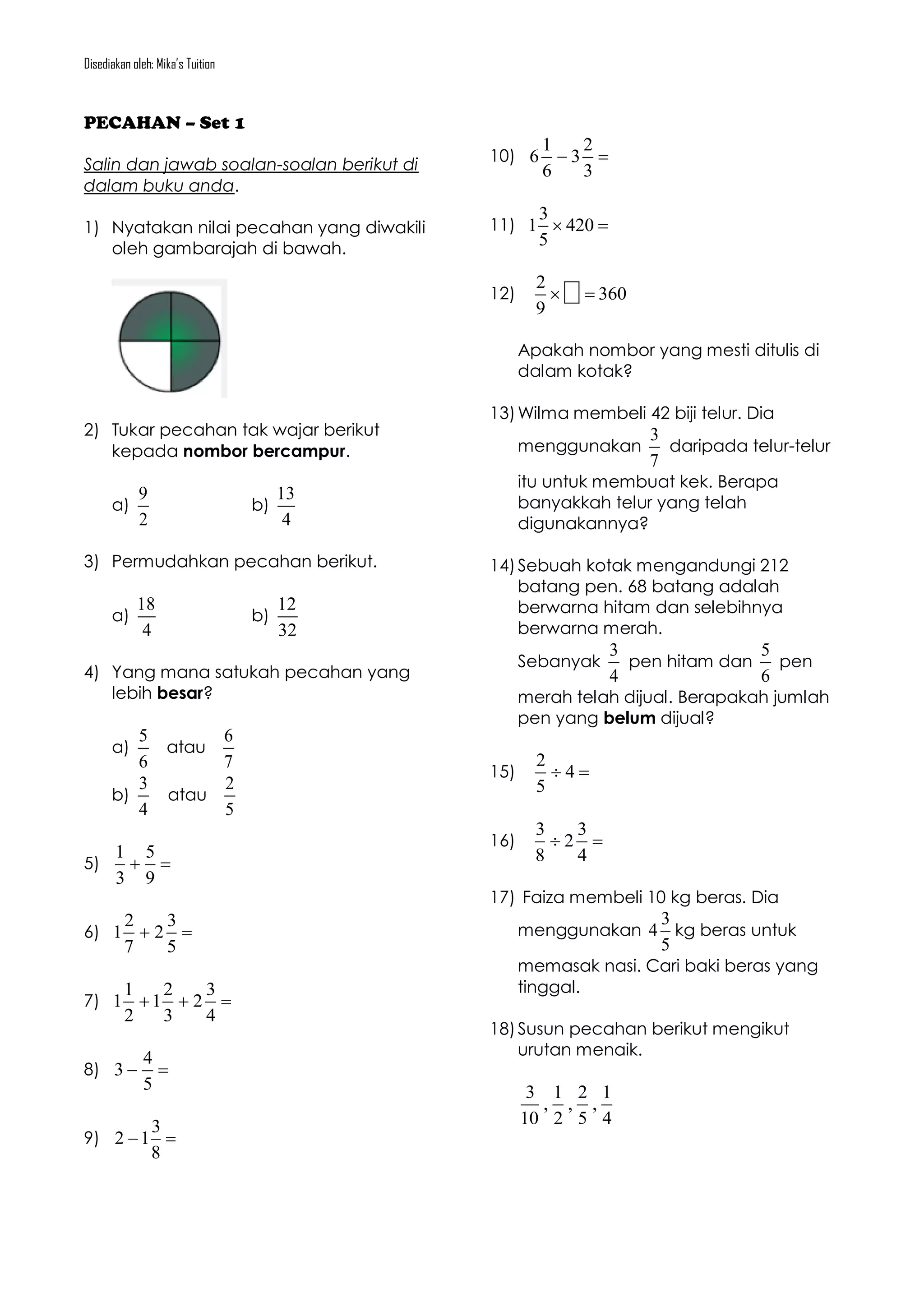 Latihan Pecahan UPSR Set 1 | PDF