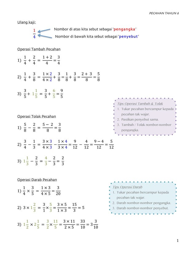 Latihan Pecahan Tahun 6 (Operasi Darab & Bahagi) | PDF