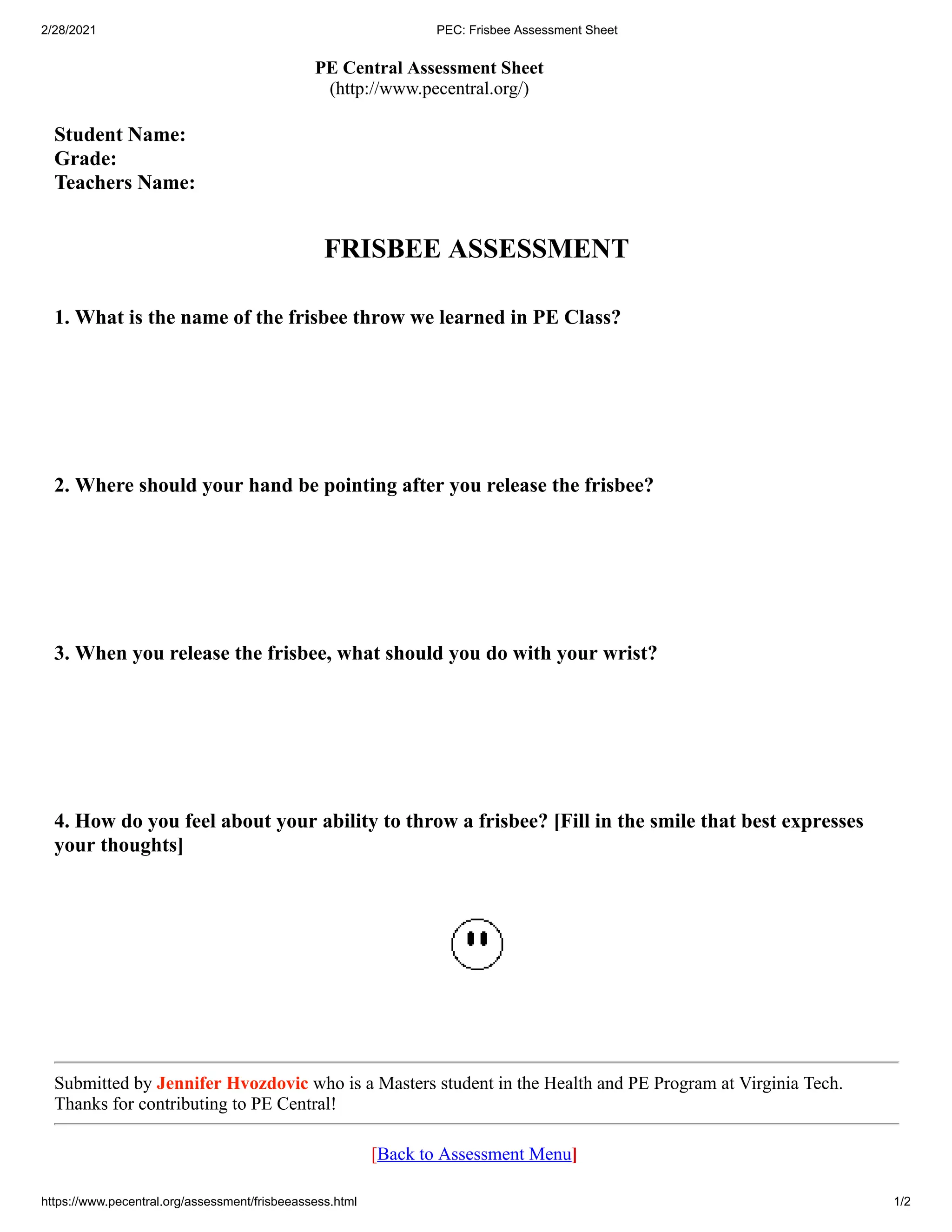 Pec frisbee assessment sheet | PDF