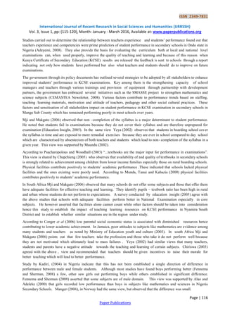 Pedagogical Influences on Students’ Academic Achievements in KCSE in Public Secondary Schools in ...