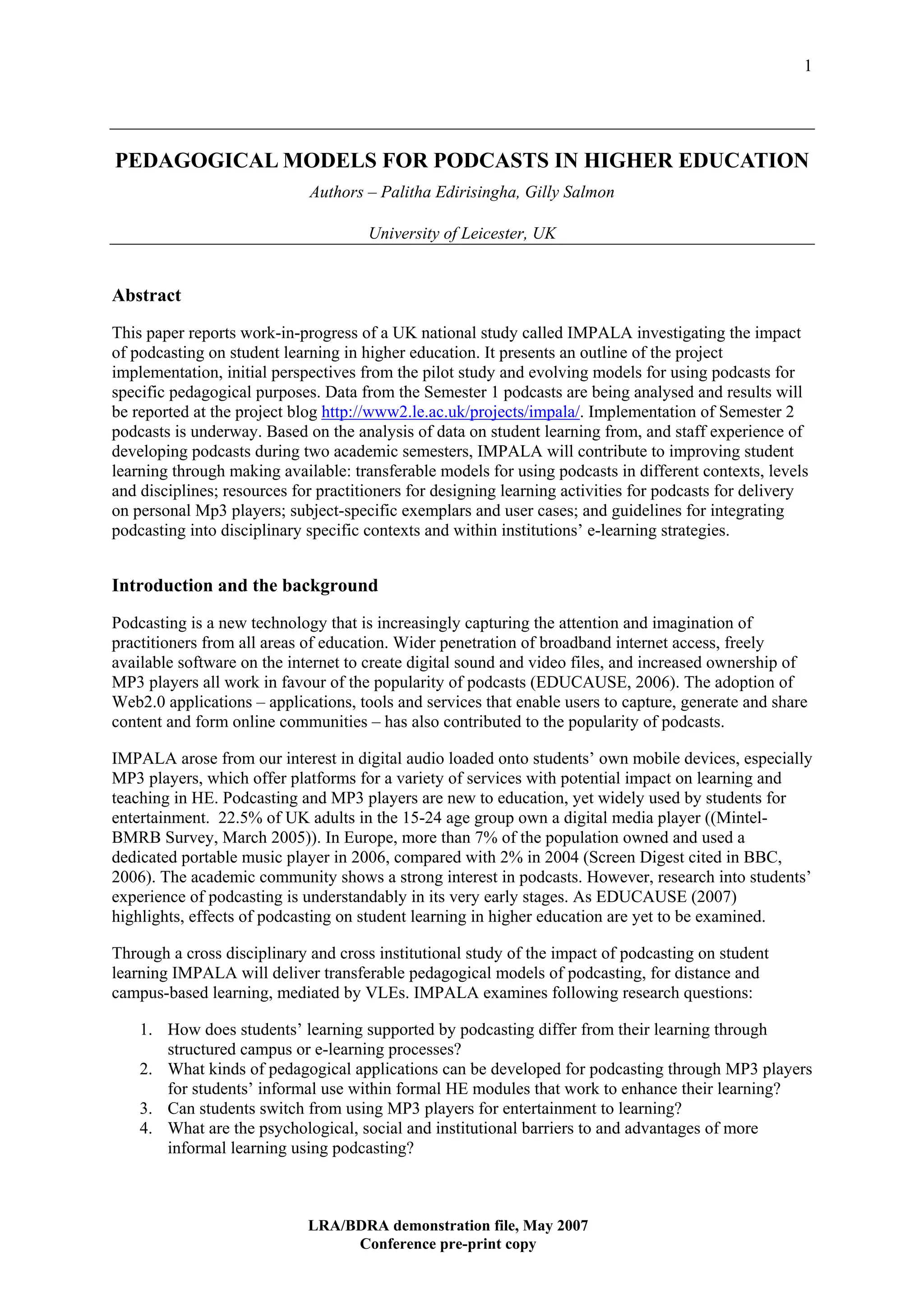 Pedagogical models for podcasts in higher education conference paper | PDF