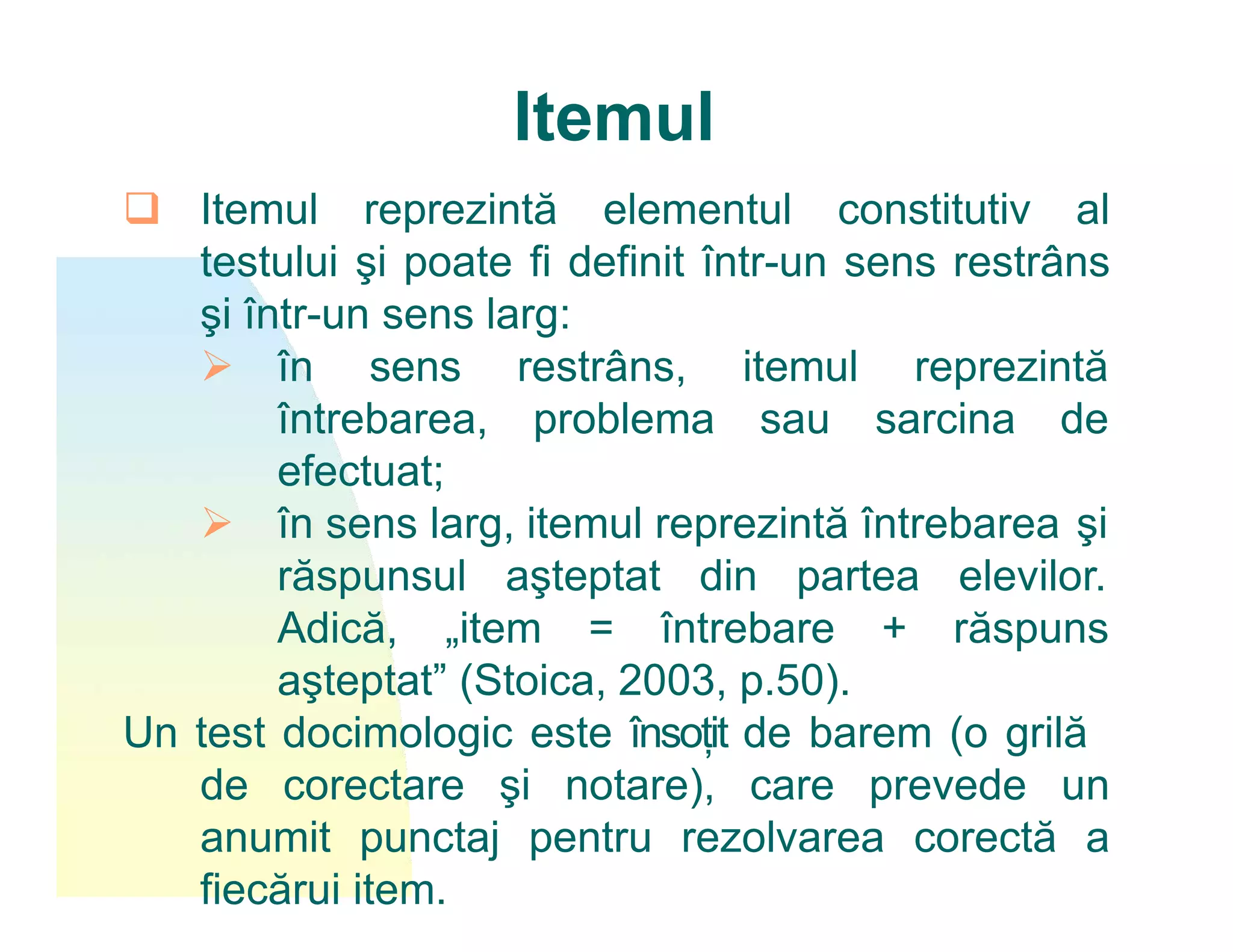 Pedagogie 2 curs 8_testul docimologic | PPTX