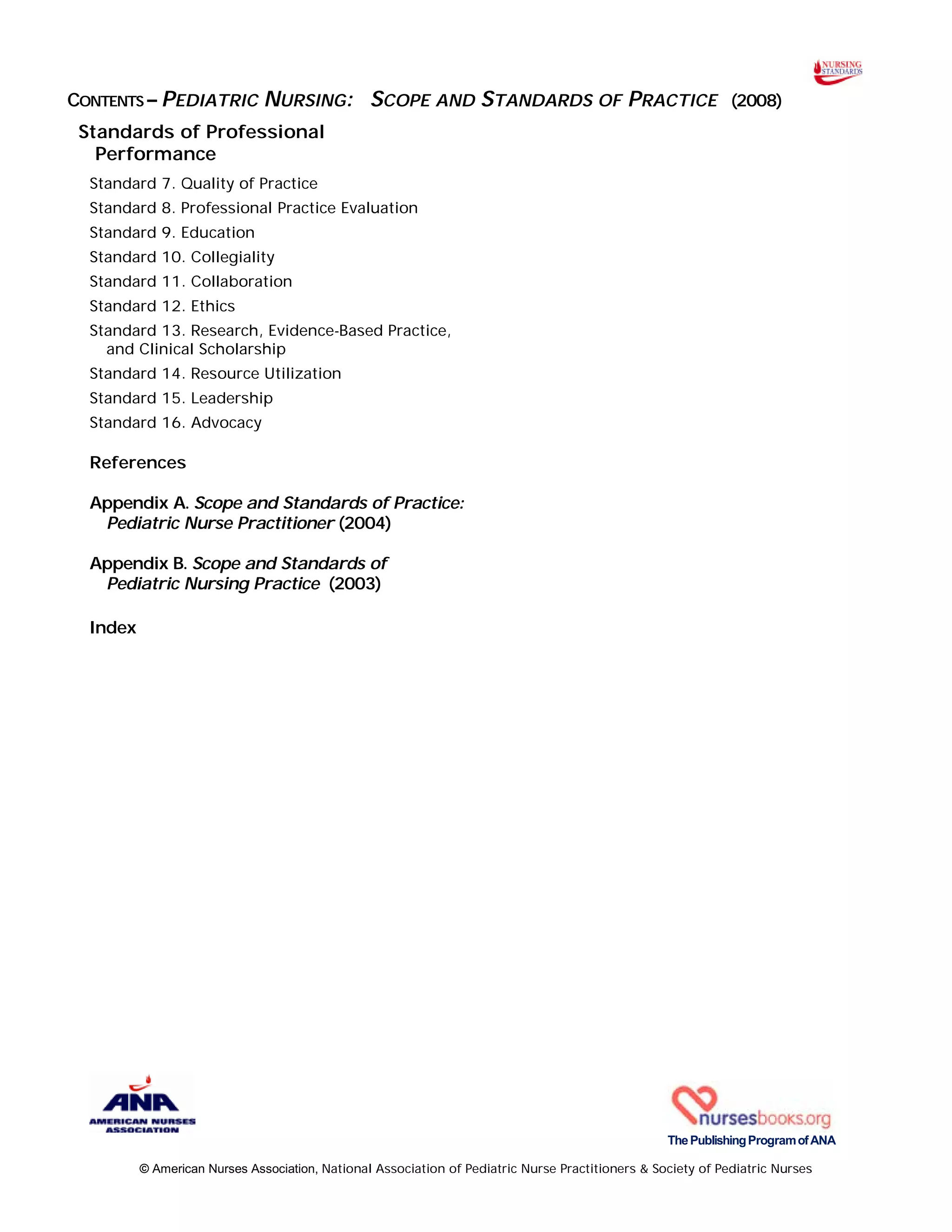 Pediatric nursing scopeandstandardstoc | PDF