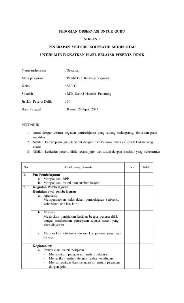 Pedoman observasi untuk peserta didik