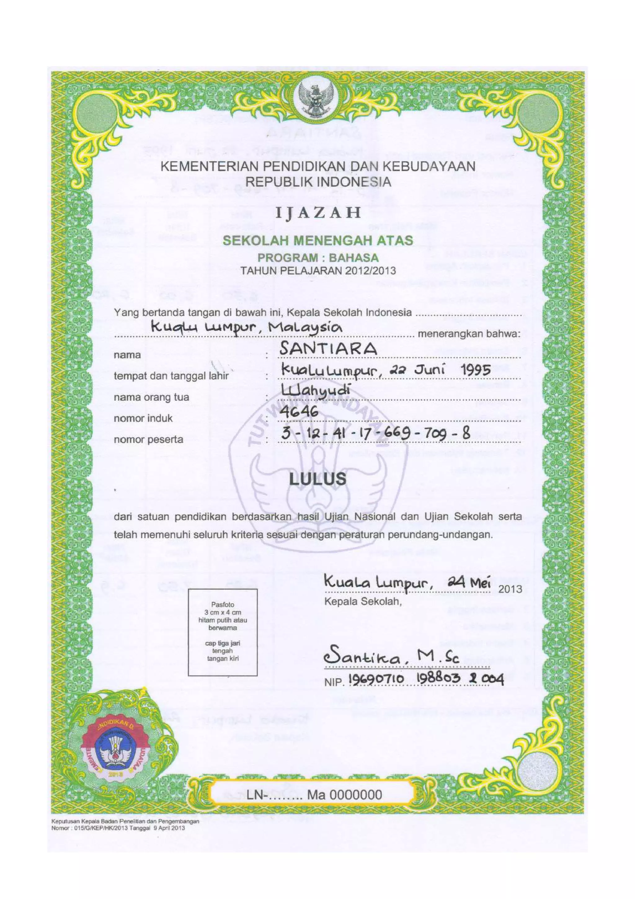 Draft Pedoman pengisian blangko ijazah 2013 | PDF