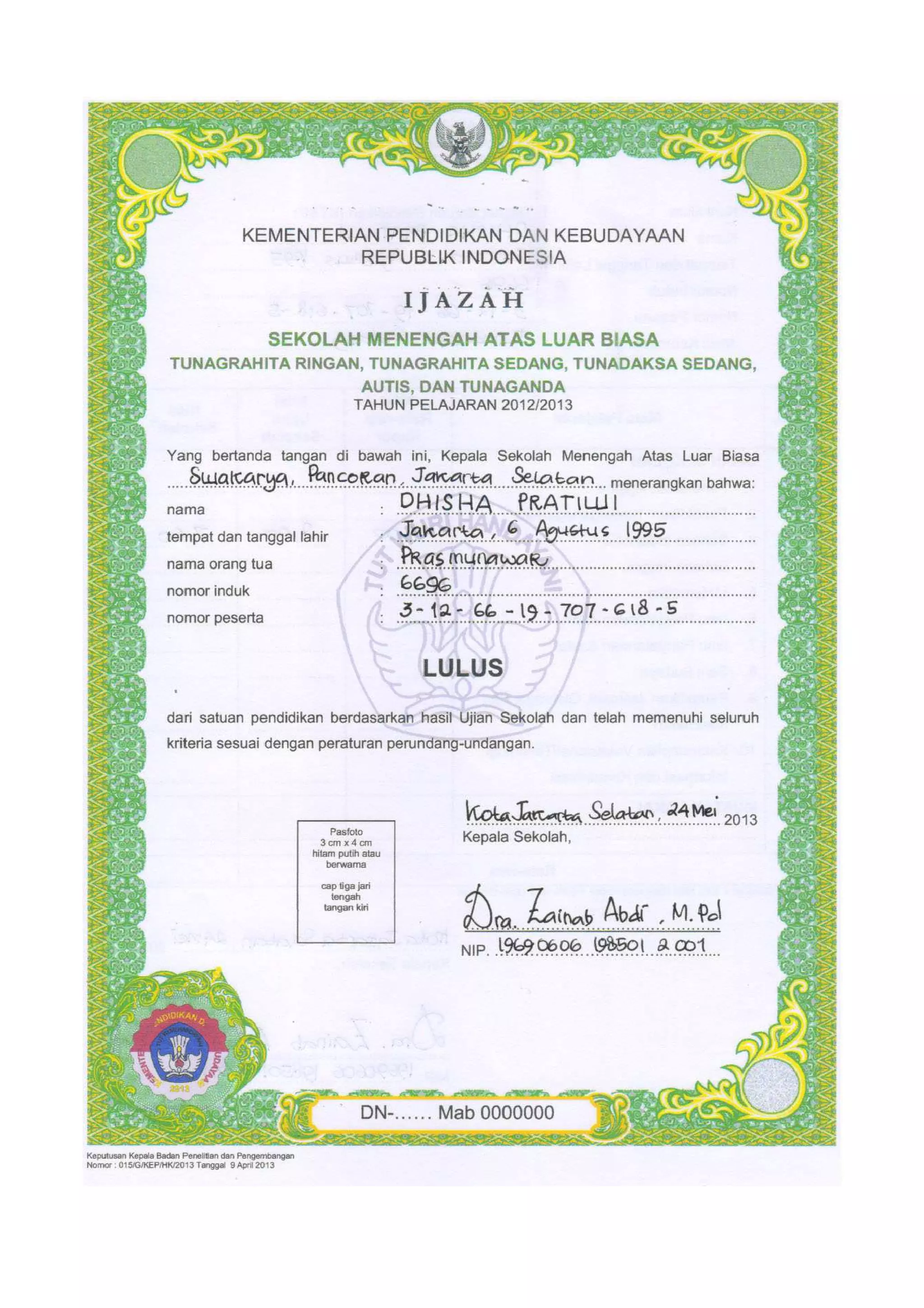 Draft Pedoman pengisian blangko ijazah 2013 | PDF