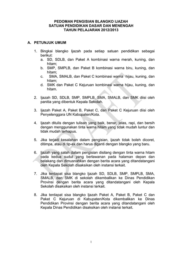 Pedoman pengisian blangko ijazah 2013 | PDF