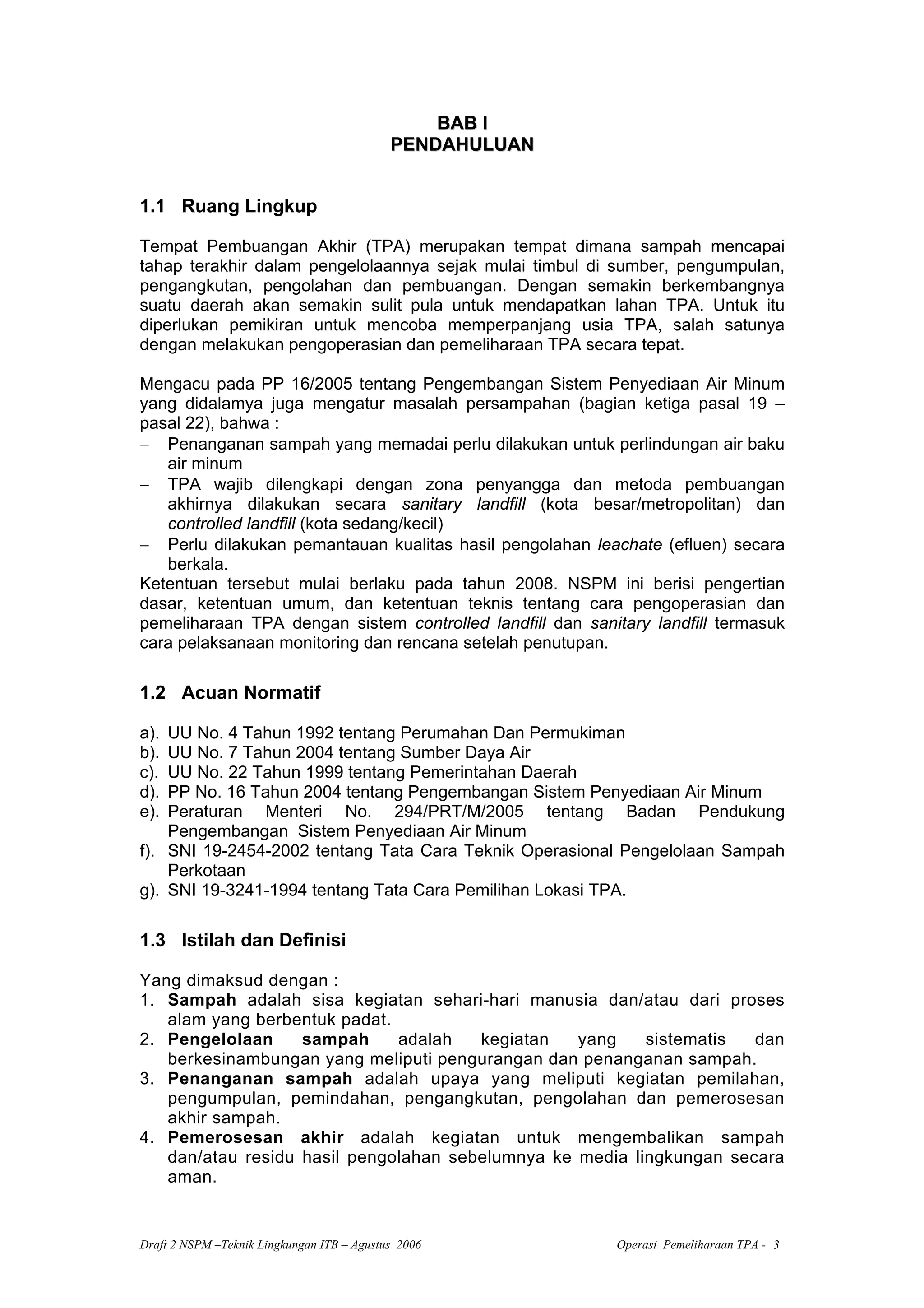 Pedoman pengoperasian & pemeliharaan tpa sistem controlled landfill ...