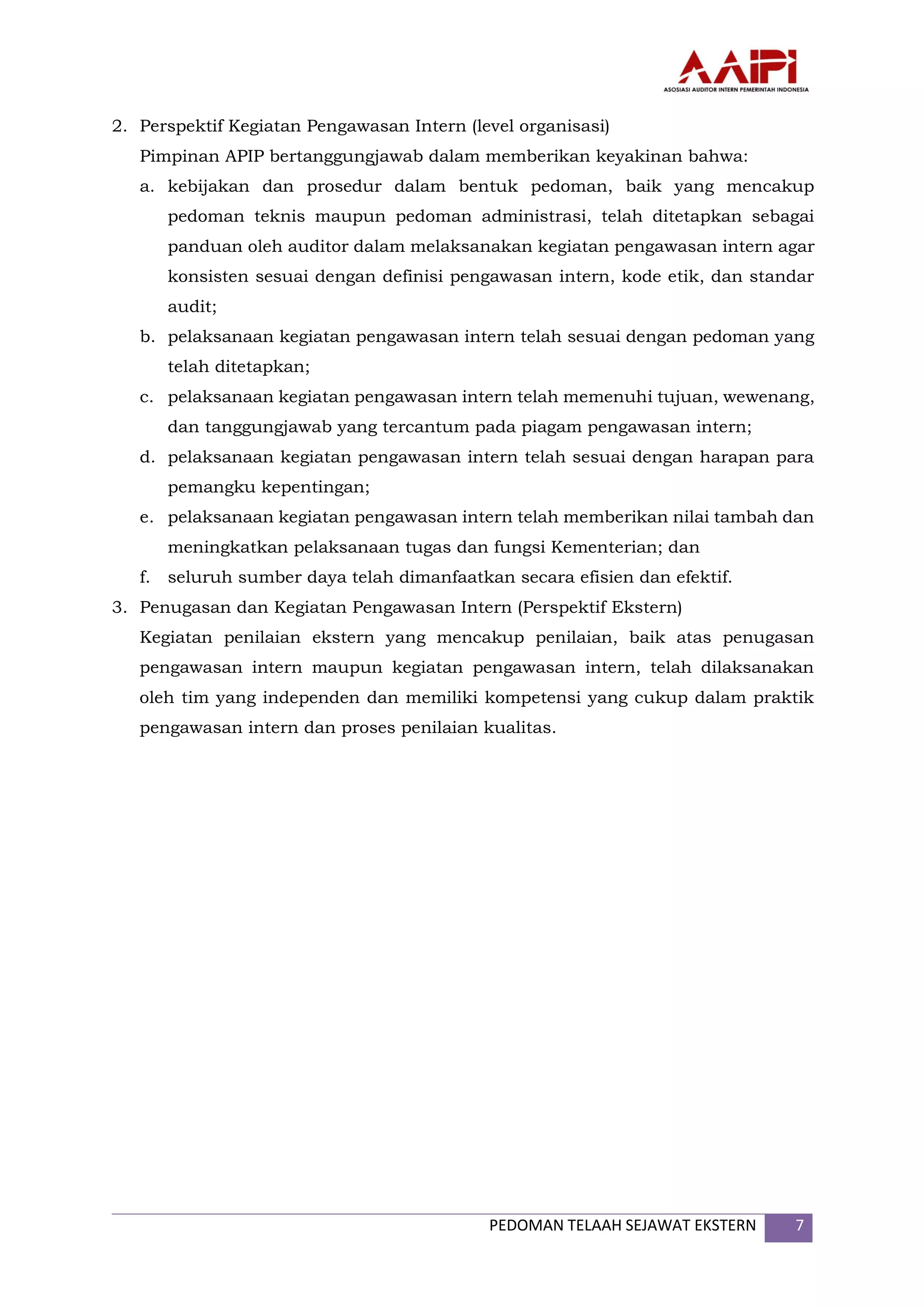 Pedoman telaah sejawat ekstern bagi apip inspektorat jenderal pusat dan ...