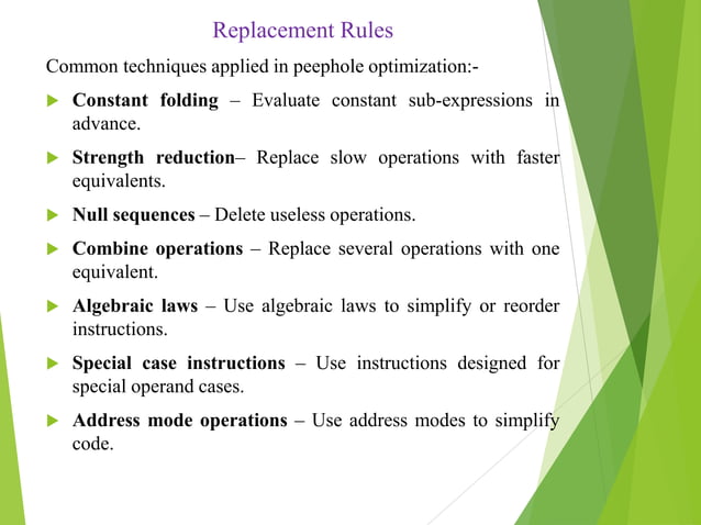 Peephole optimization techniques in compiler design | PPTX