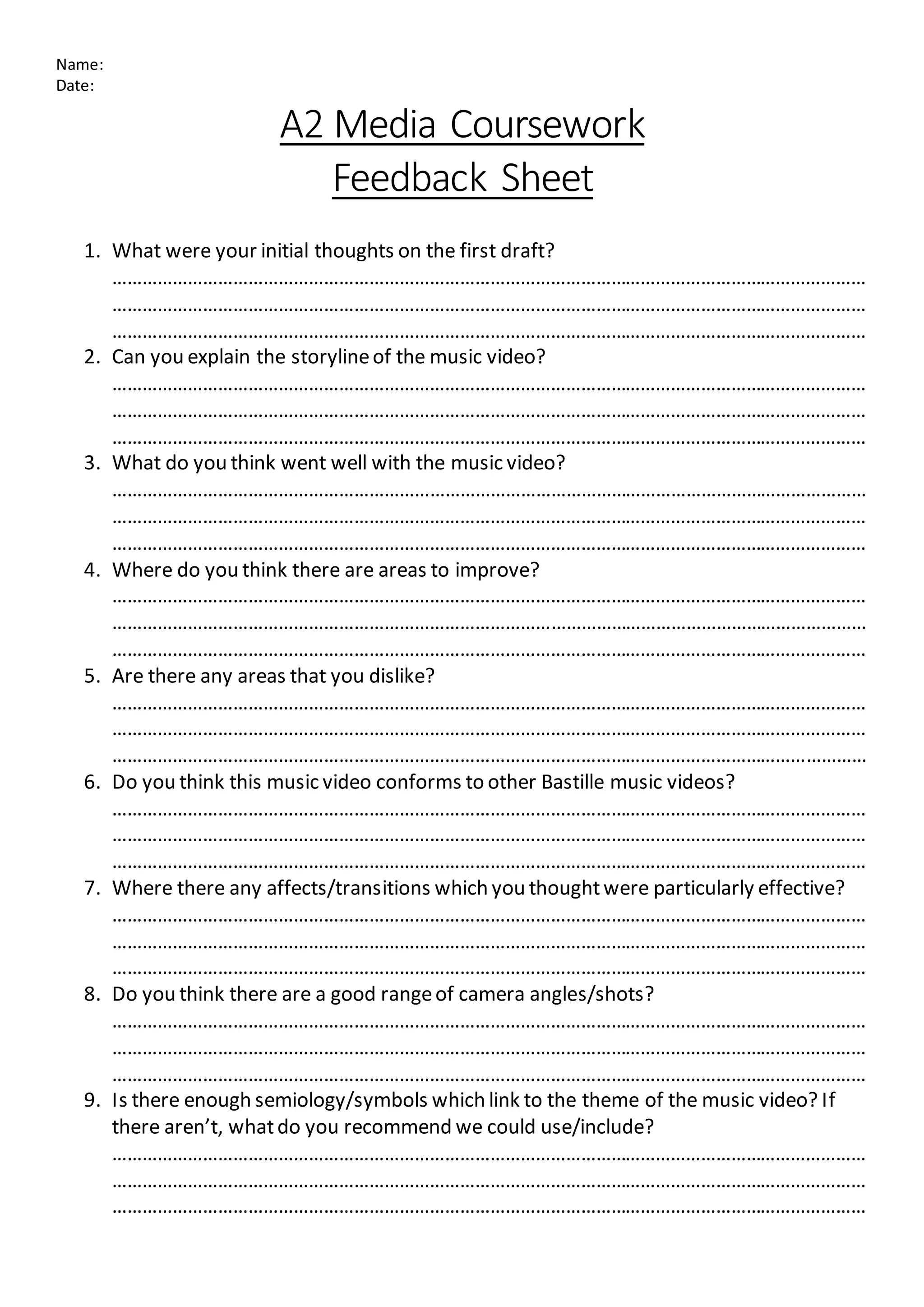 Peer Review Worksheet- A2 Media | DOCX | Video Production | Content ...