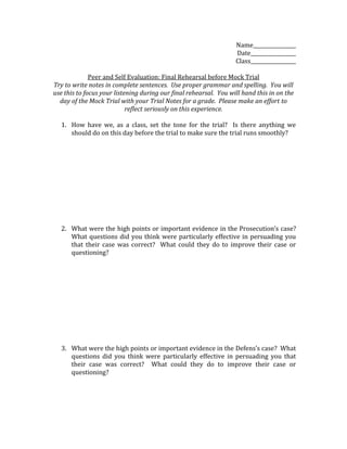 Peer and Self Evaluation for Mock Trial Final Rehearsal | PDF