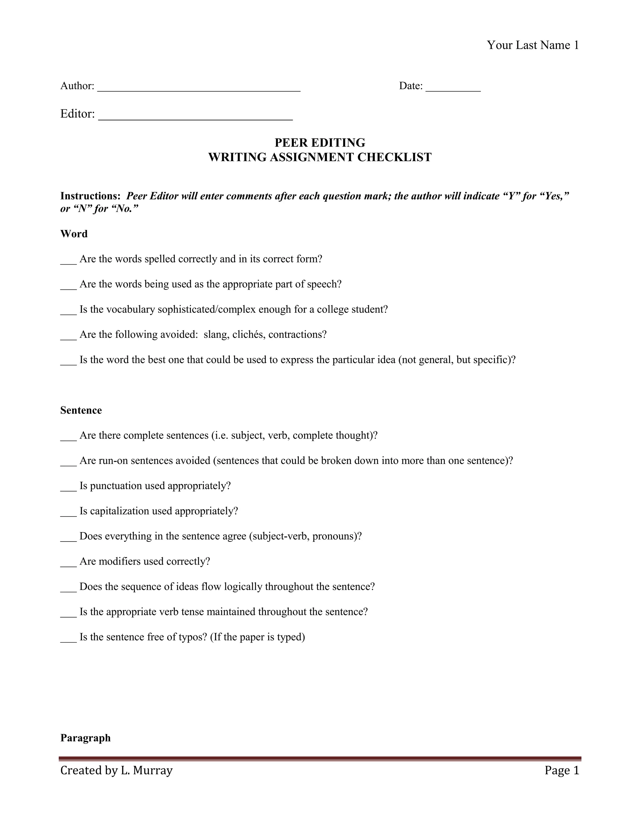 Peer editing checklist for presentation | PDF