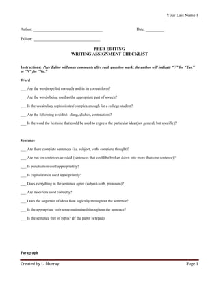 Peer Editing Checklist Elementary