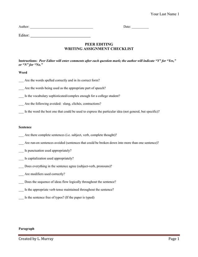 Peer editing checklist for presentation | PDF