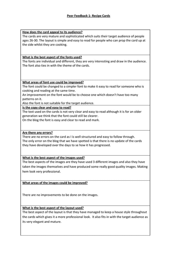 Peer feedback - Worldwide theme recipe cards | PDF