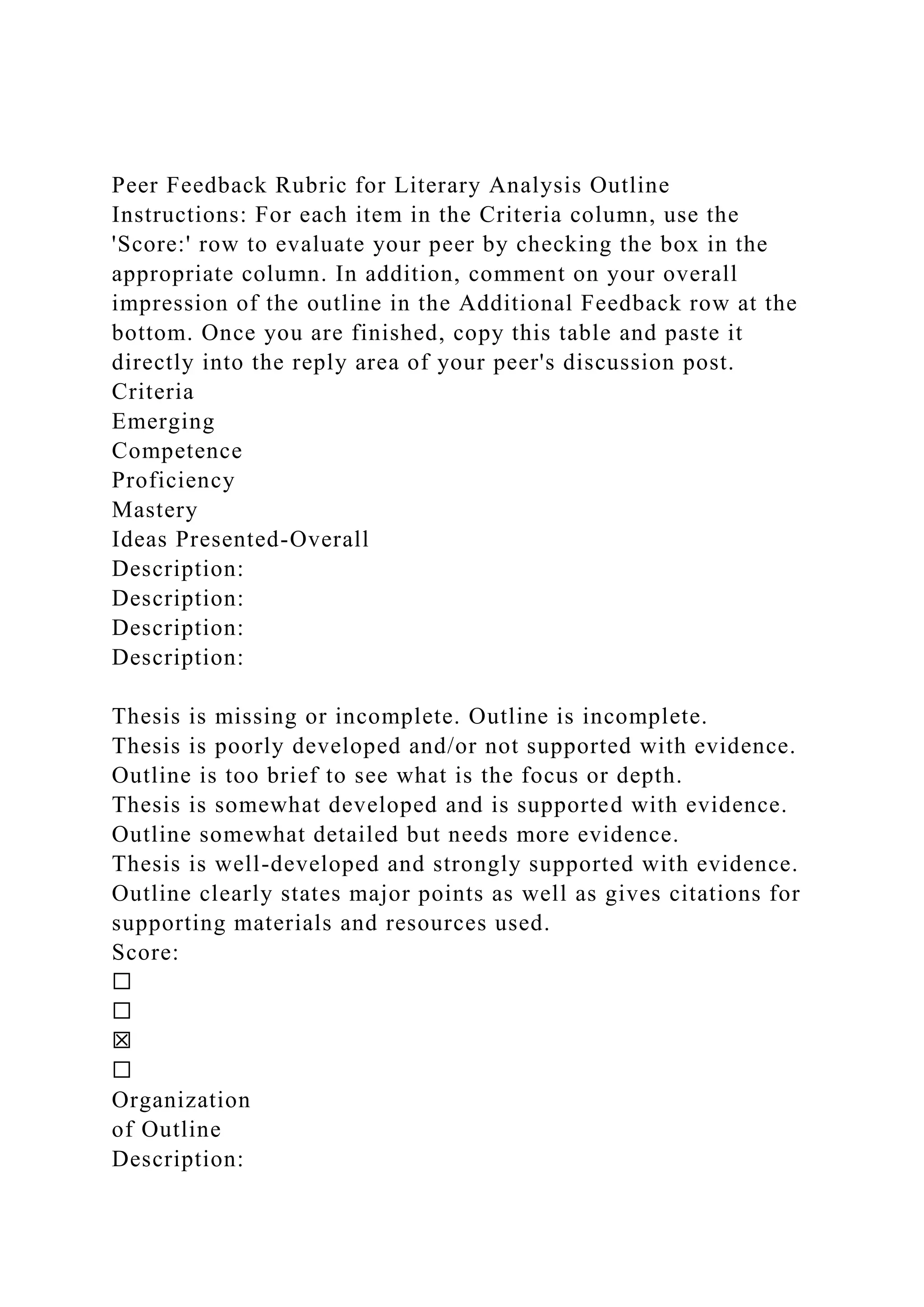 Peer Feedback Rubric for Literary Analysis OutlineInstructions .docx