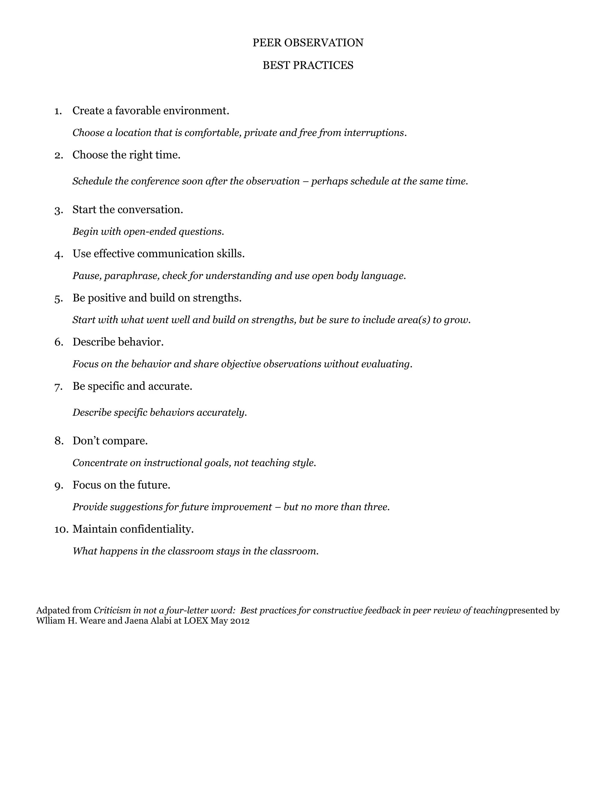 Peer Observation Best Practices | PDF