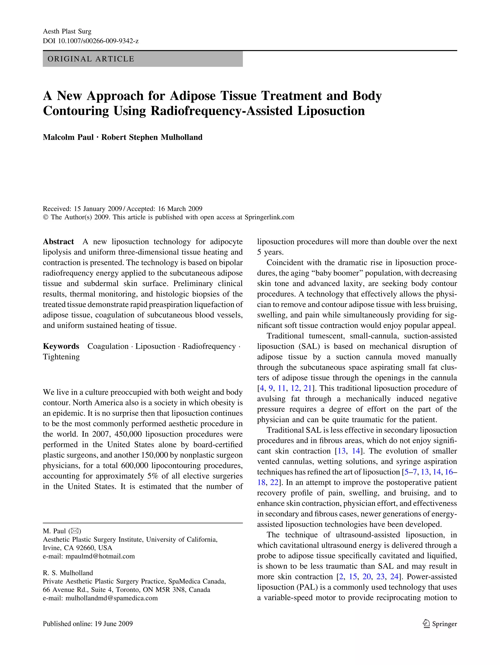 A New Approach for Adipose Tissue Treatment and Body Contouring Using ...