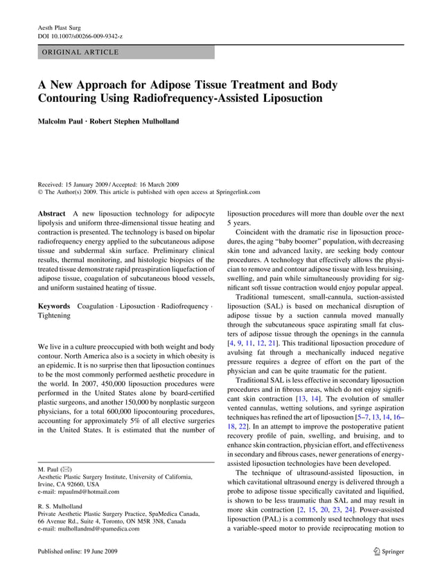 A New Approach for Adipose Tissue Treatment and Body Contouring Using ...