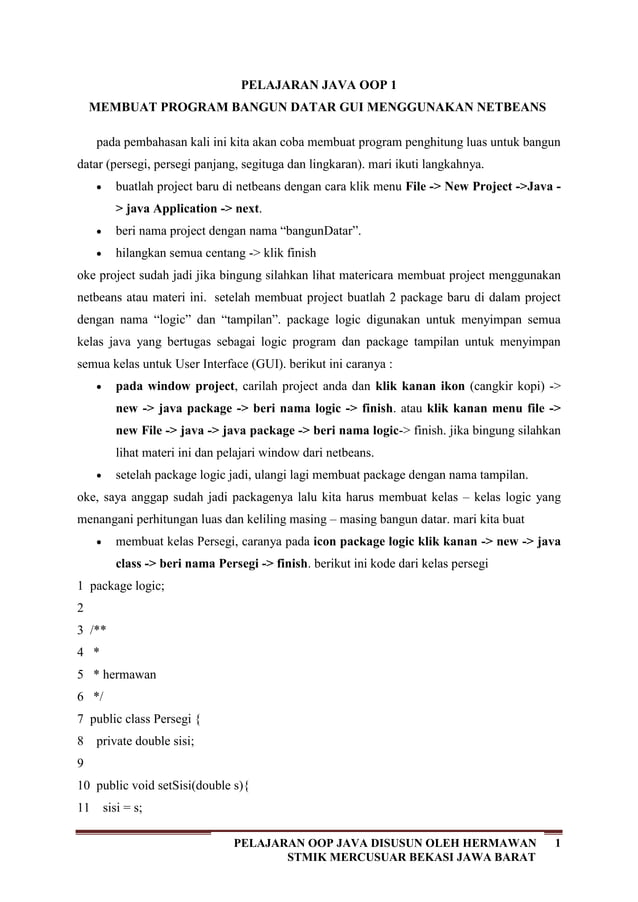 Pelajaran oop java ii pengertian method dan cara pembuatan method by hermawan | PDF