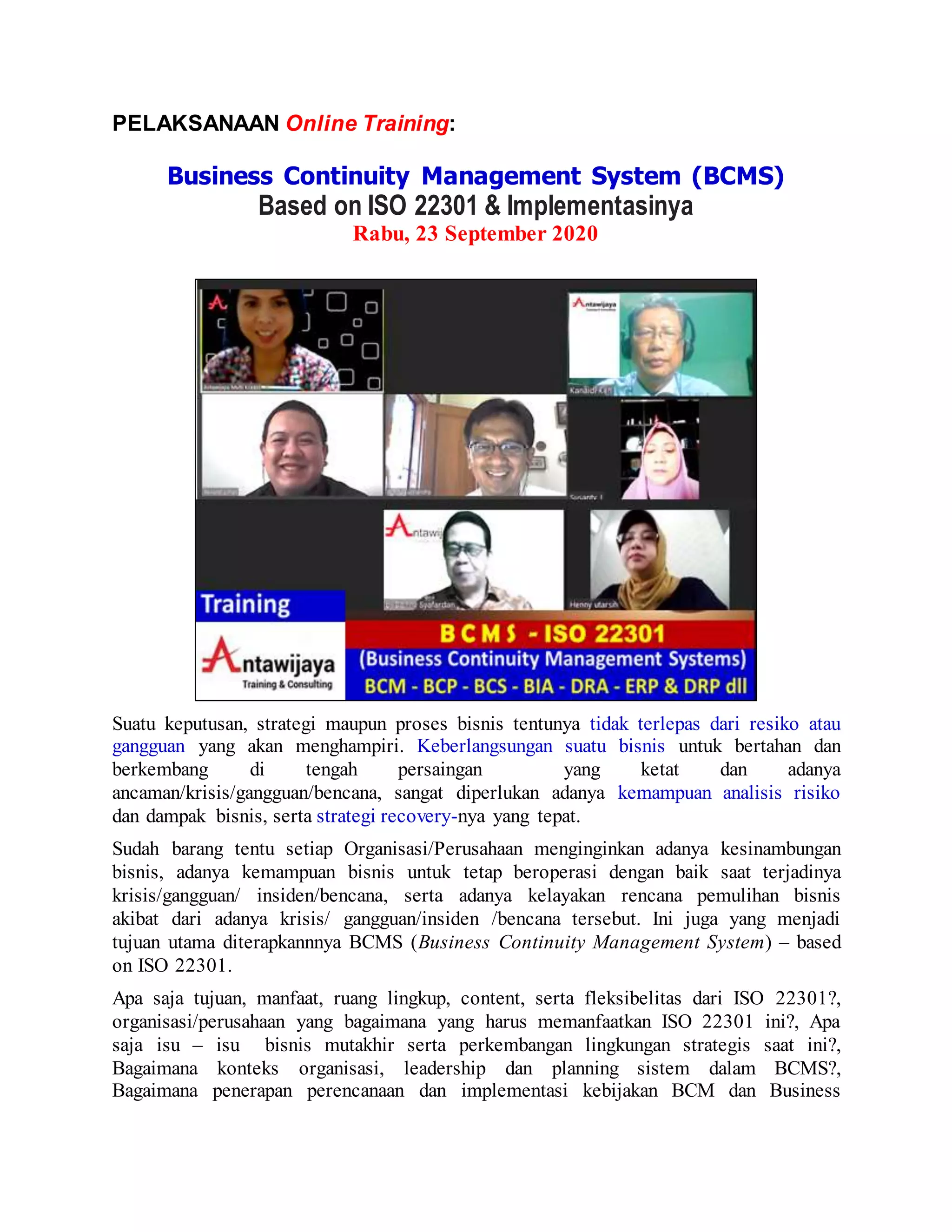 Pelaksanaan online training "BCMS (Business Continuity Management System)-based on ISO 22301 ...