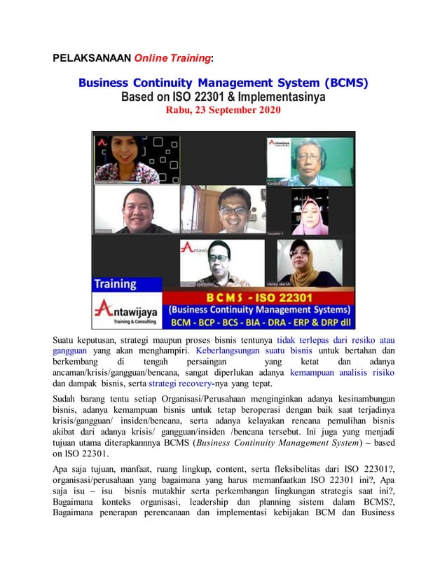 Pelaksanaan online training "BCMS (Business Continuity Management System)-based on ISO 22301 ...