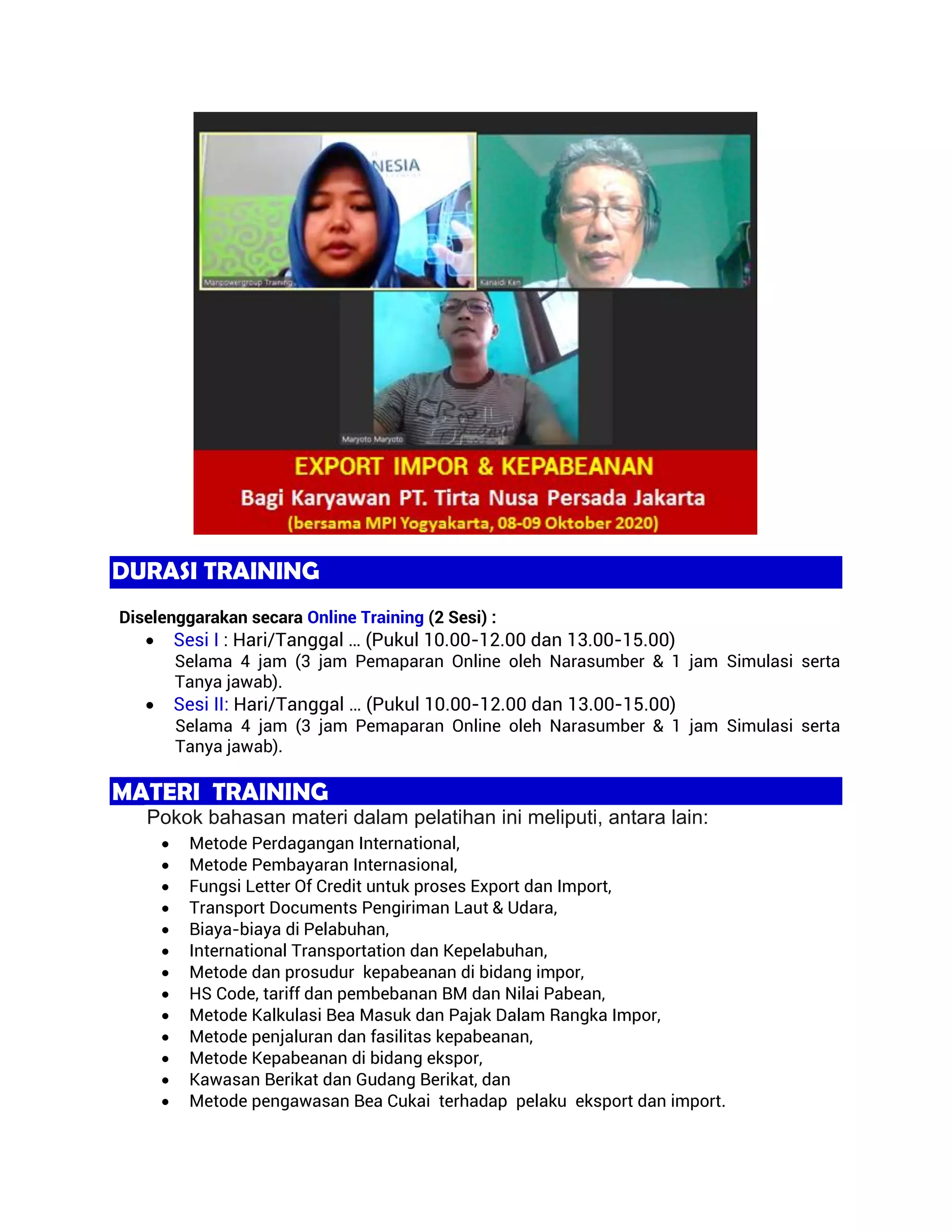 Pelaksanaan online training "EXPORT IMPOR & KEPABEANAN"_MPI_ 08-09 okt 2020 | PDF