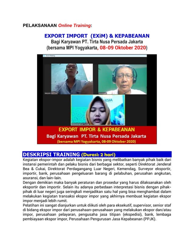 Pelaksanaan online training "EXPORT IMPOR & KEPABEANAN"_MPI_ 08-09 okt 2020 | PDF