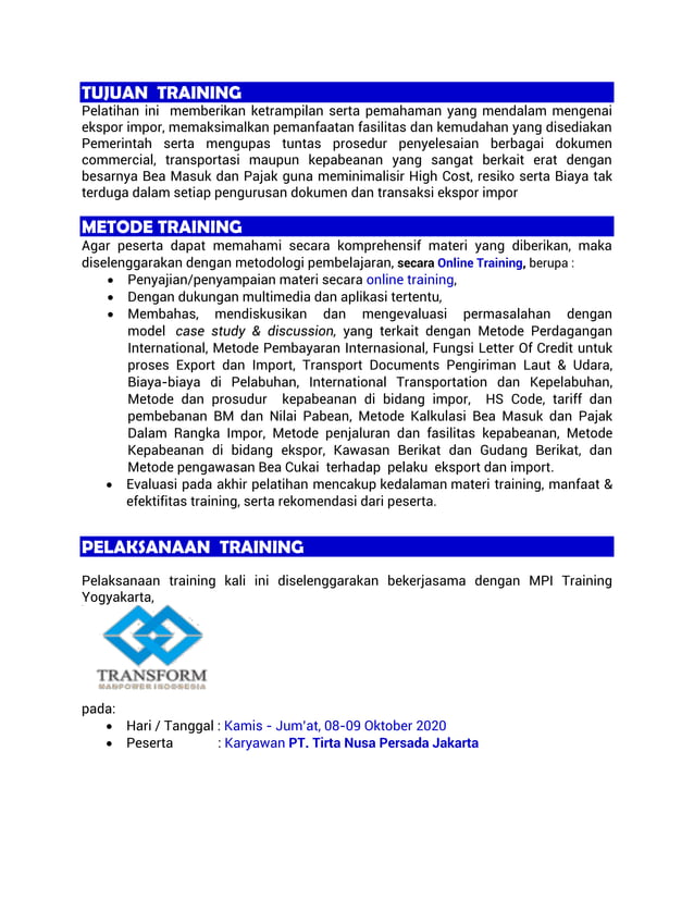 Pelaksanaan online training "EXPORT IMPOR & KEPABEANAN"_MPI_ 08-09 okt 2020 | PDF