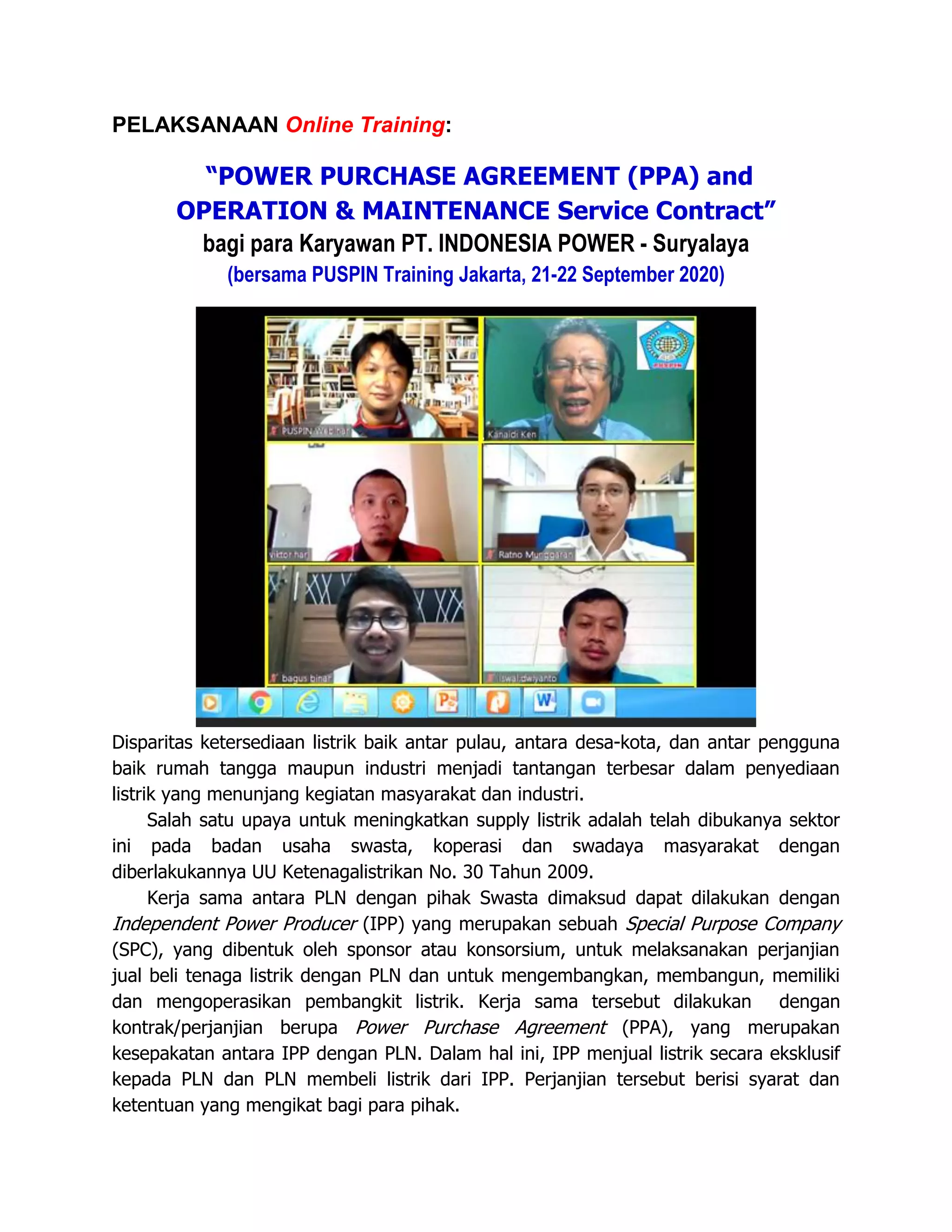 Pelaksanaan Online Training "PPA (POWER PURCHASE AGREEMENT) and ...