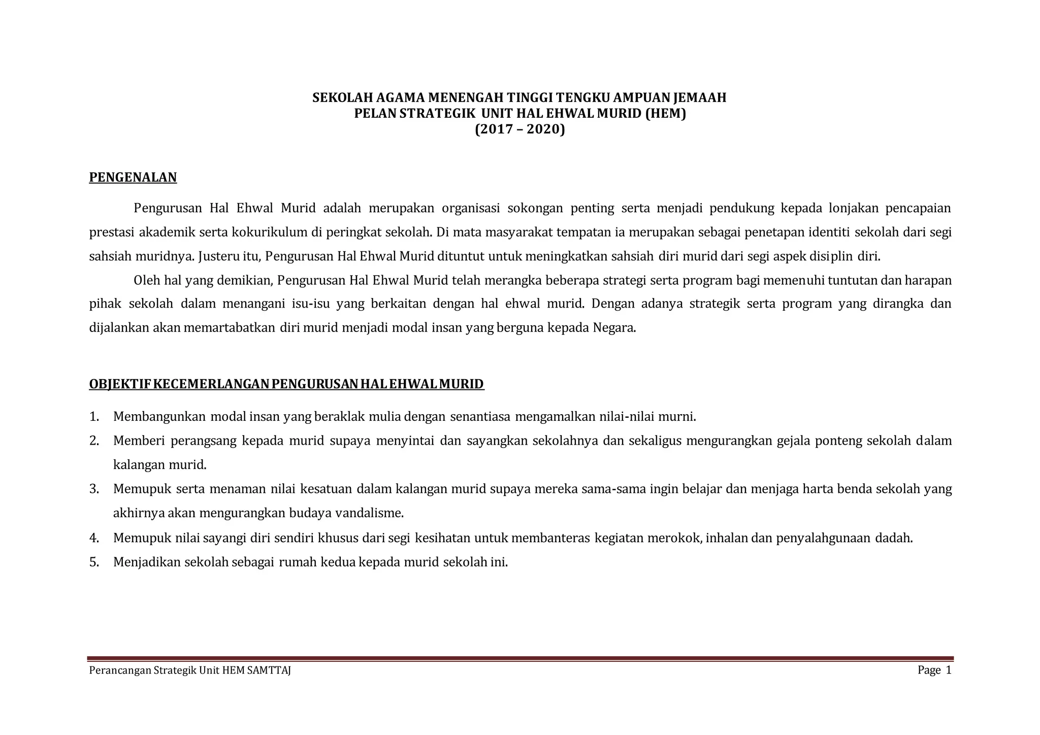 CONTOH PELAN STRATEGIK UNIT HEM | DOCX