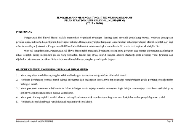 CONTOH PELAN STRATEGIK UNIT HEM | DOCX