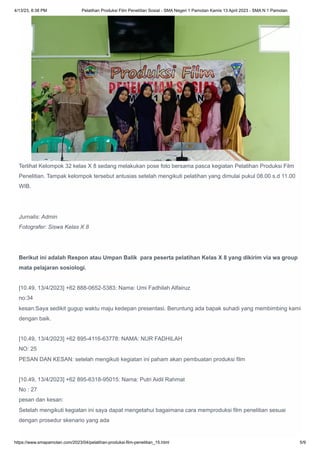 Pelatihan Produksi Film Penelitian Sosial - SMA Negeri 1 Pamotan Kamis 13 April 2023 - SMA N 1 ...