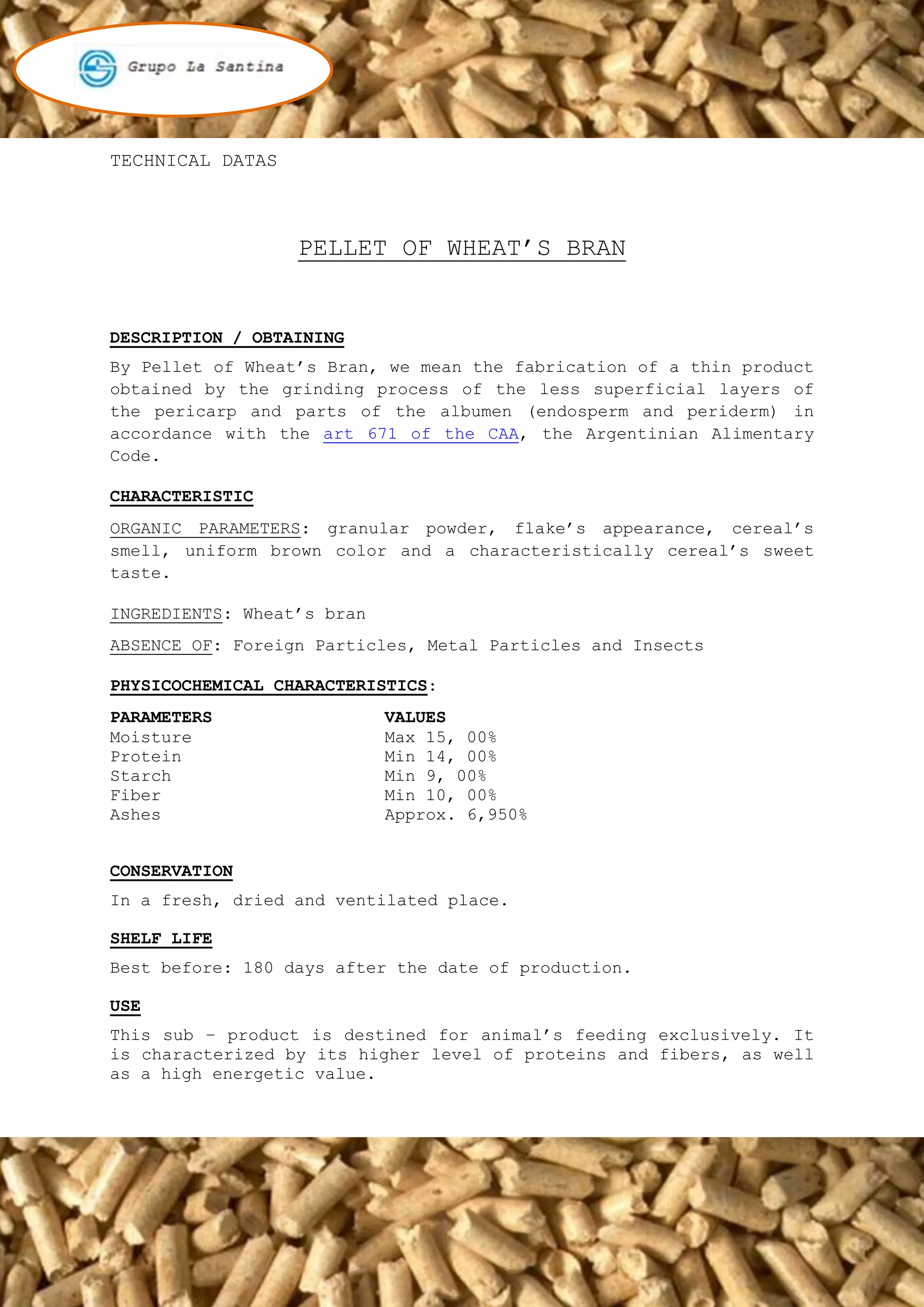Pellet of wheat's bran, technical datas | PDF