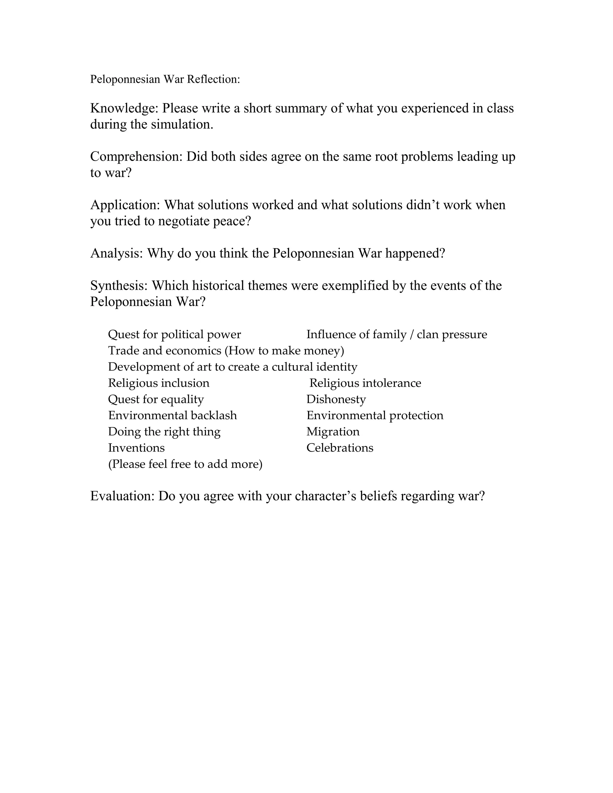 Peloponnesian War Reflection | DOCX