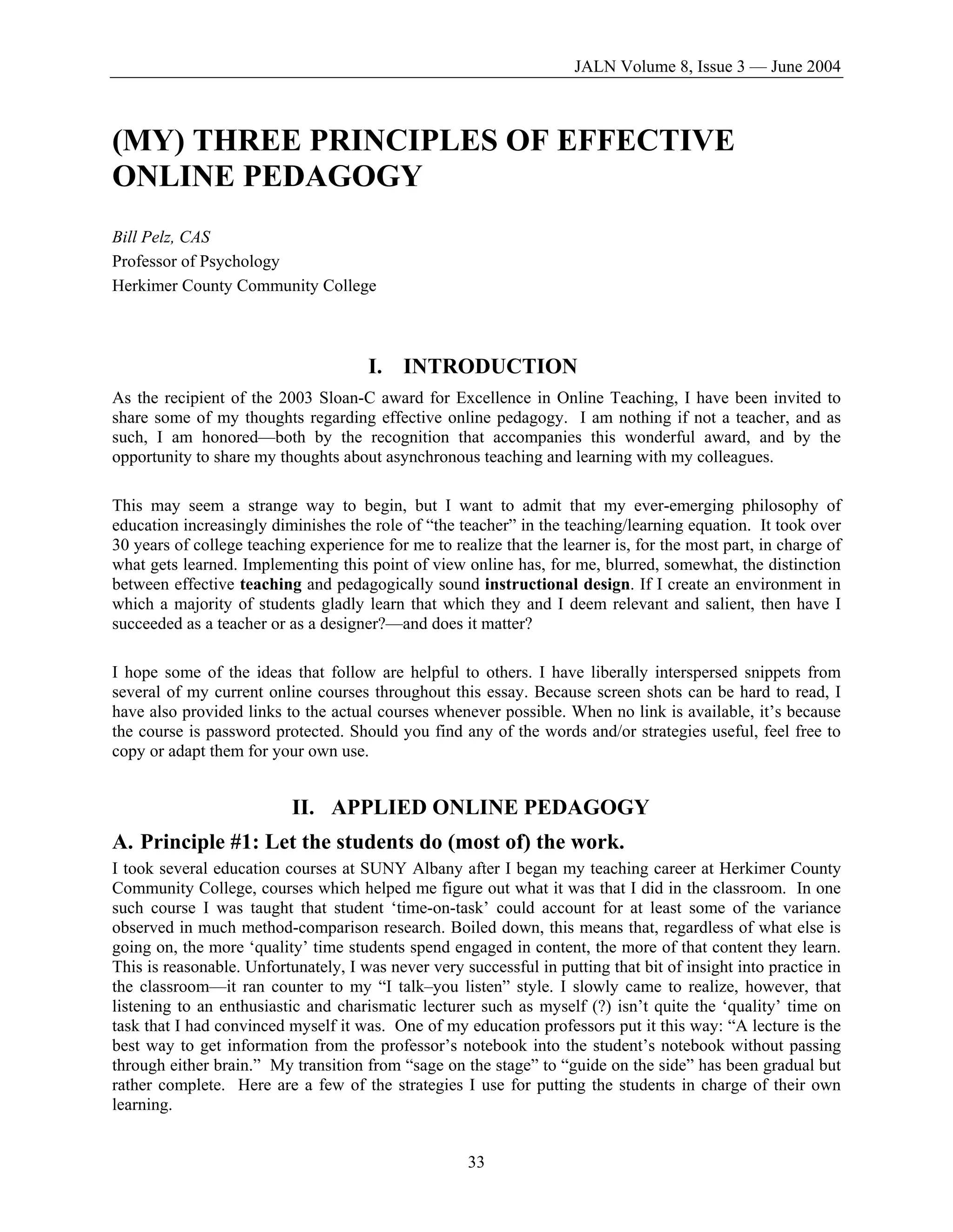 (MY) THREE PRINCIPLES OF EFFECTIVE ONLINE PEDAGOGY | PDF