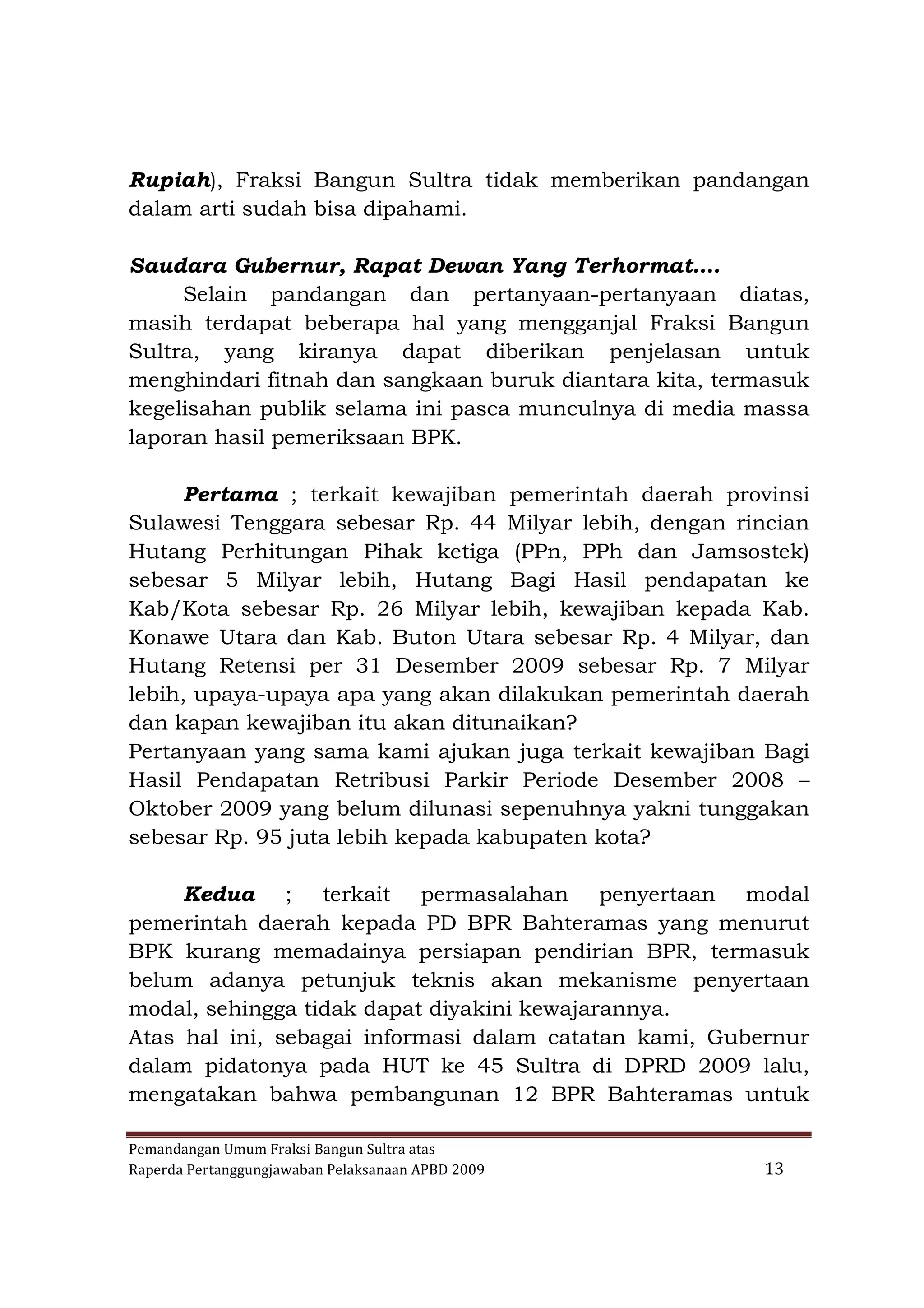 PEMANDANGAN UMUM FRAKSI ATAS RAPERDA PERTANGGUNGJAWABAN PELAKSANAAN APBD 2009bd 2009 | PDF