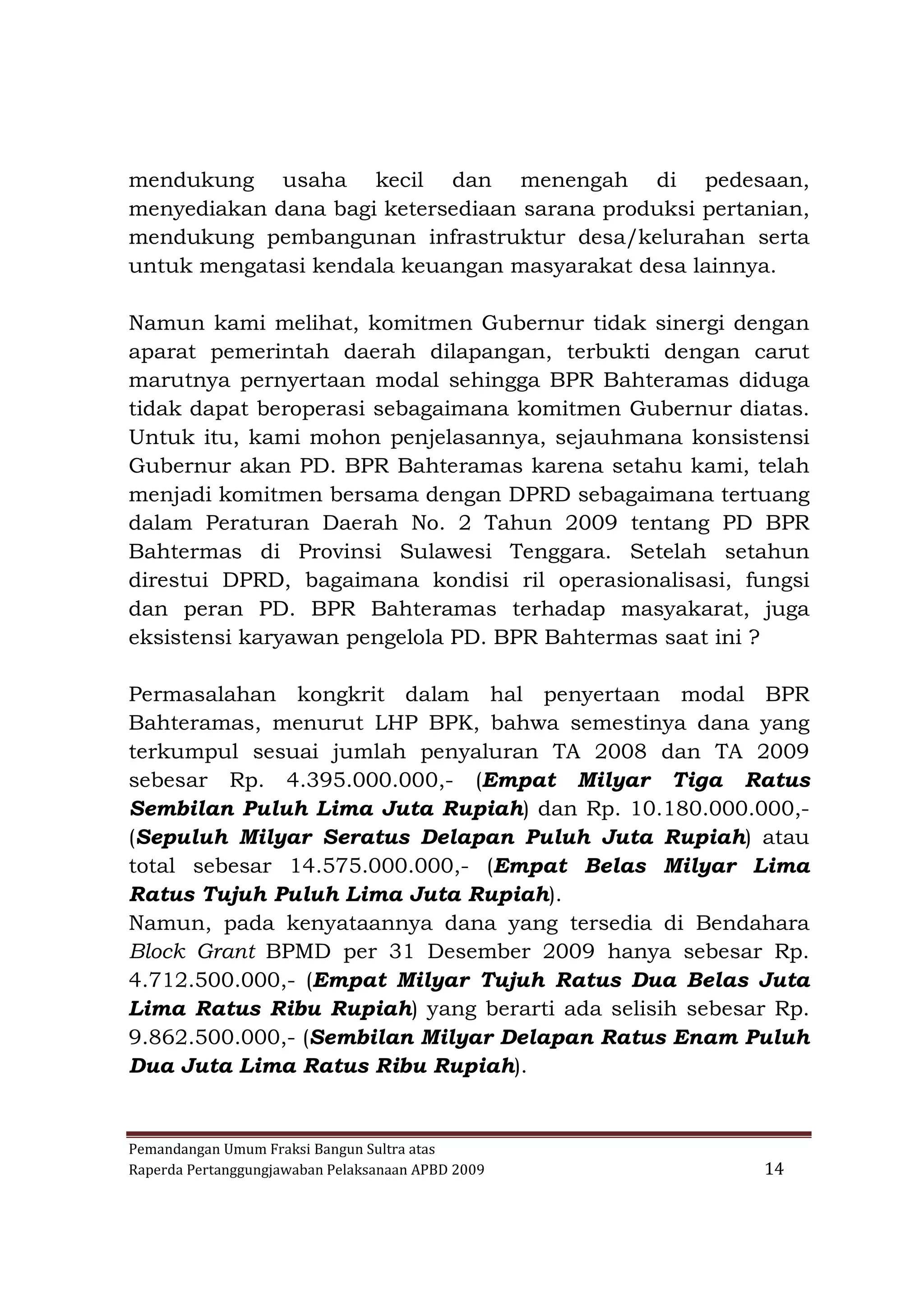 PEMANDANGAN UMUM FRAKSI ATAS RAPERDA PERTANGGUNGJAWABAN PELAKSANAAN APBD 2009bd 2009 | PDF