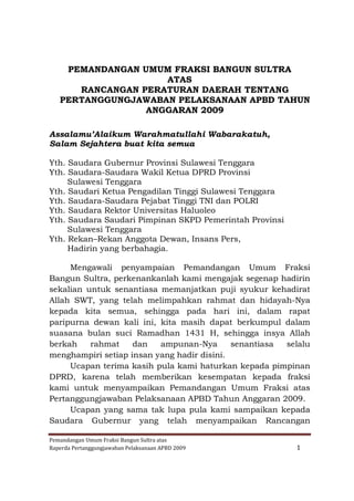 PEMANDANGAN UMUM FRAKSI ATAS RAPERDA PERTANGGUNGJAWABAN PELAKSANAAN APBD 2009bd 2009 | PDF