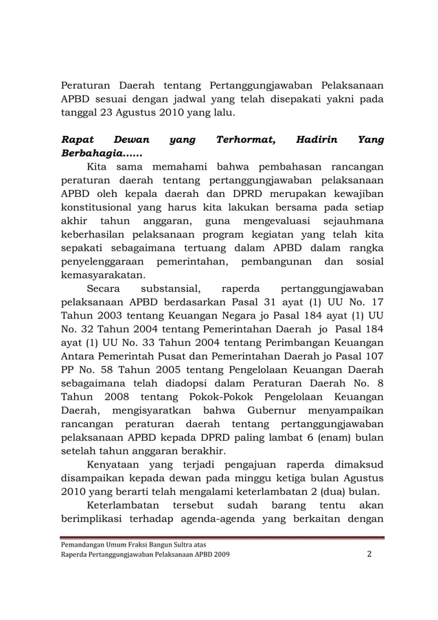 PEMANDANGAN UMUM FRAKSI ATAS RAPERDA PERTANGGUNGJAWABAN PELAKSANAAN APBD 2009bd 2009 | PDF