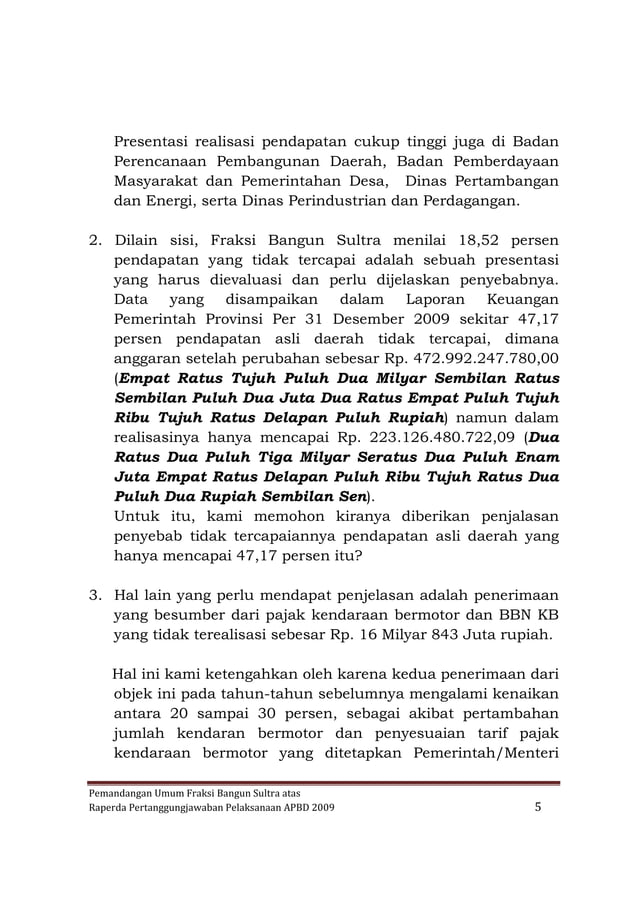 PEMANDANGAN UMUM FRAKSI ATAS RAPERDA PERTANGGUNGJAWABAN PELAKSANAAN APBD 2009bd 2009 | PDF