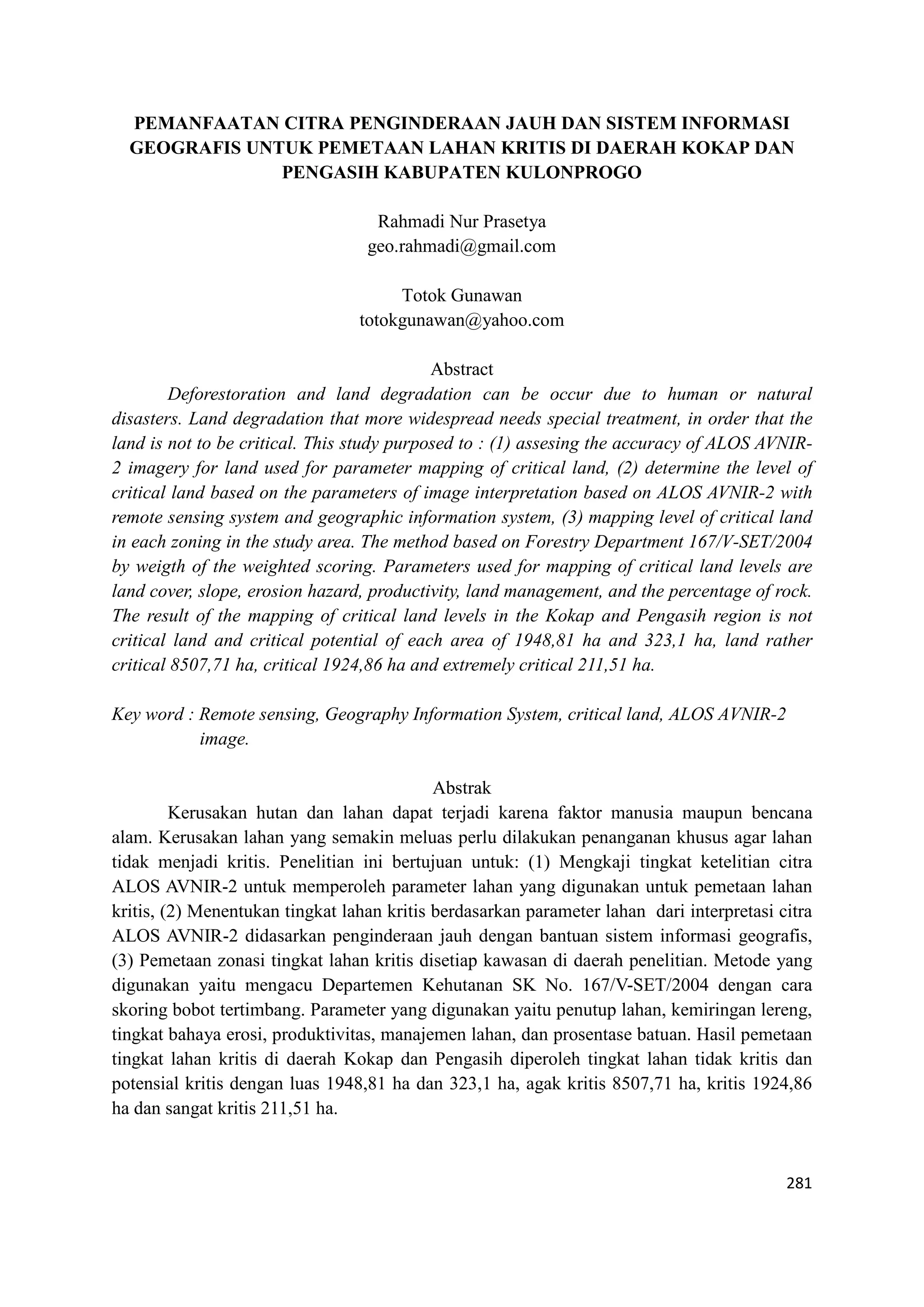 Pemanfaatan citra penginderaan jauh dan sistem informasi geografis untuk pemetaan lahan kritis | PDF