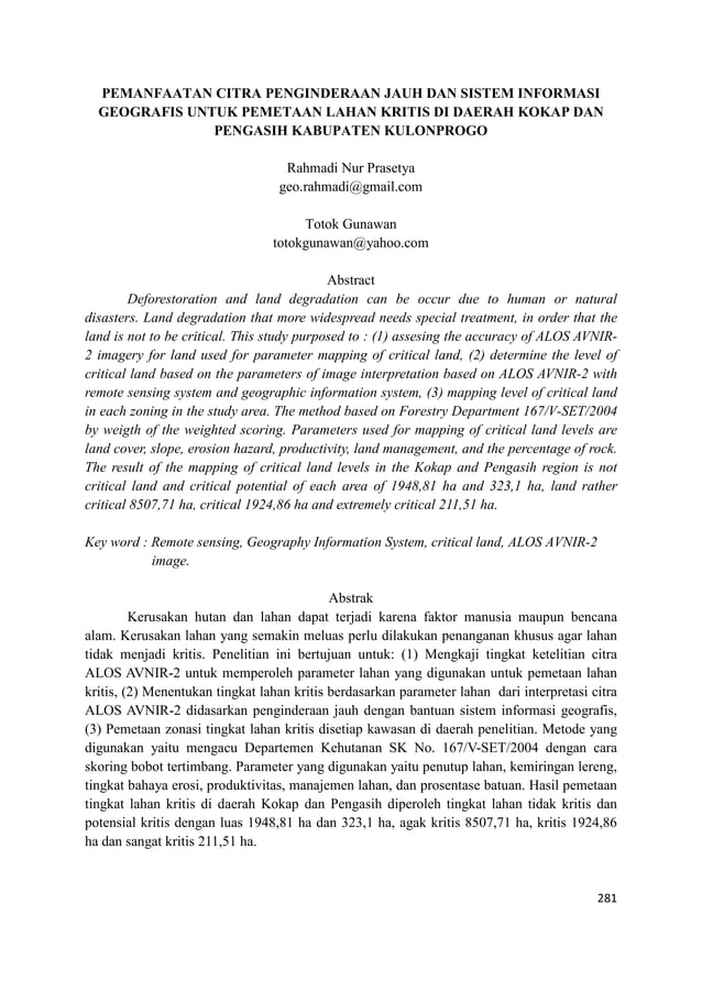 Pemanfaatan citra penginderaan jauh dan sistem informasi geografis untuk pemetaan lahan kritis | PDF