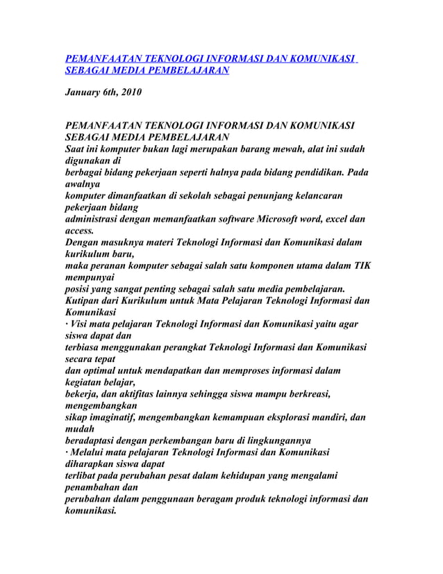 Pemanfaatan teknologi informasi dan komunikasi sebagai media pembelajaran | PDF